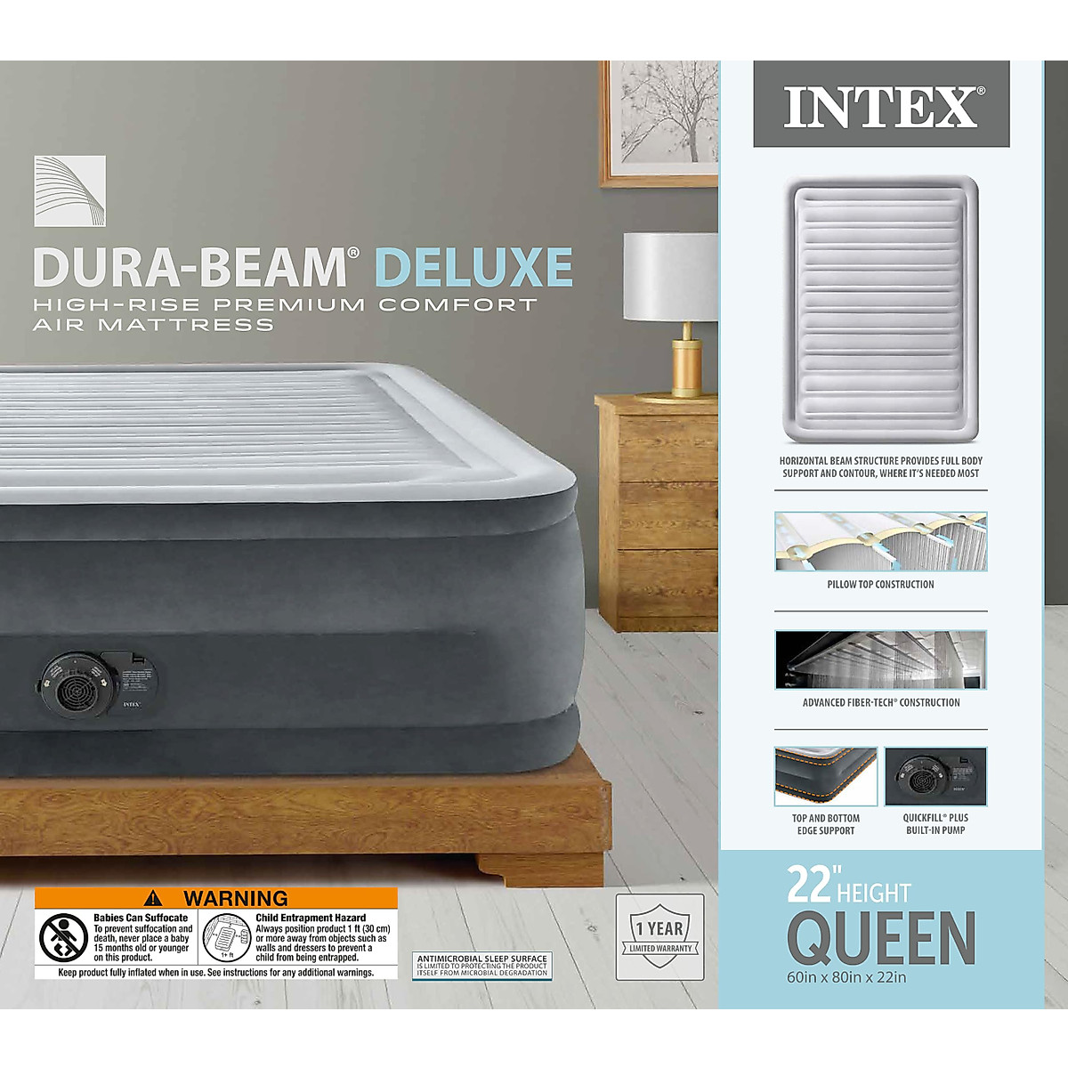 Intex Comfort Plush Elevated Dura-Beam Airbed with Internal Electric Pump, Bed Height 22", Queen Grey