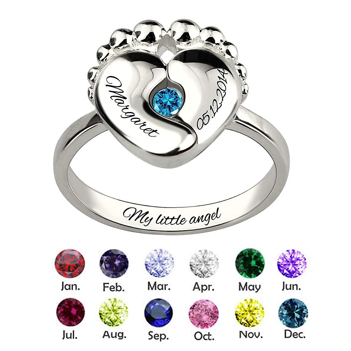 AILIN Personalized Mother Ring 925 Sterling Silver Custom Baby Feet Ring With Birthstone Engraved Name Mom Day Jewelry Birthday Gifts For Women
