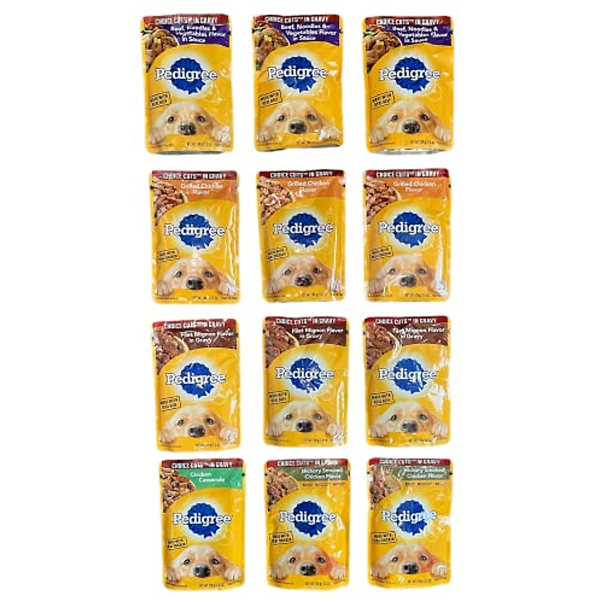 Pedigree Wet Dog Food Pouch Variety Bundle, Choice Cuts in Gravy, 12 Pouches Assorted Flavors - Chicken, Hickory, Filet Mignon, Beef, Casserole