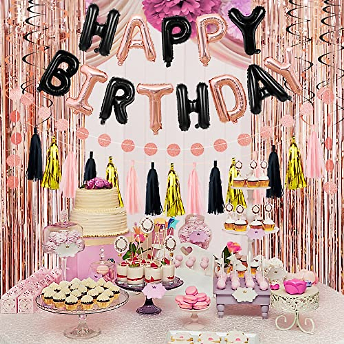 Black Rose Gold Birthday Decorations for Women Girl, Happy Birthday Party Decorations Supplies with Happy Birthday Banner, Table Runner for 1st 16th 21st 30th 40th 50th Girls Supplies