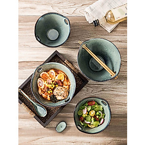 Henten Home 20 OZ Ramen Bowls Set, Ceramic Japanese Noodle Bowls Set of 2, Porcelain Deep Salad Bowl with Chopsticks for Udon, Reactive Glaze, Microwave Safe (Teal)