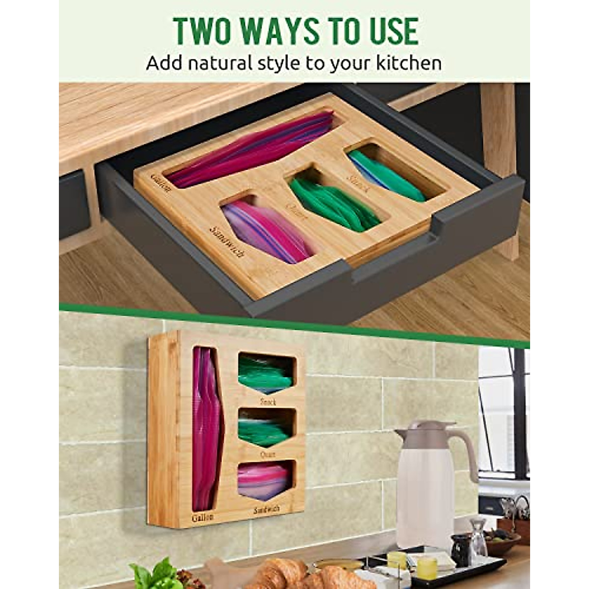 Ziplock Bag Storage Organizer for Kitchen Drawer, 4-in 1 Bamboo Food Baggie Holder, Compatible with Ziploc, Solimo, Glad, Hefty for Gallon, Quart, Sandwich, Snack & Freezer Gallon Variety Size Bag