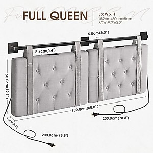 GREENSTELL Wall Mount Headboard with USB for Queen/Full Size Bed, Linen Fabric Headboard Only, Industrial Pipe Modern Style, Gray Hanging Head Boards, Comfortable, Button Upholstered for Bedroom