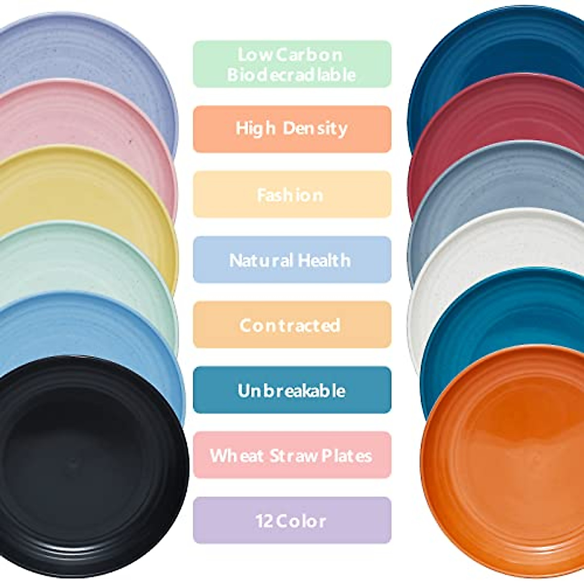 DAPIPIK 12 PACK 7 Inch Lightweight Mini Wheat Straw Plates, Unbreakable Sturdy Plastic Dinner Plates, Assorted Colors Dinnerware Sets, Microwave & Dishwasher Safe/Kids-toddler & Adult