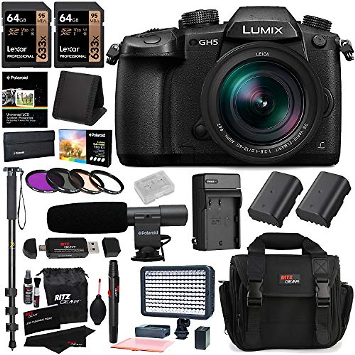 PANASONIC LUMIX GH5 Mirrorless Camera with 12-60mm Lens (DC-GH5LK), 2X 64GB Memory Cards, 2X Spare Battery, Professional Video LED Light, Accessory Bundle (Renewed)