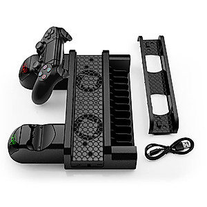 VSEER PS4 Stand Cooling Fan Station for PS4/PS4 Slim/PS4 Pro,PS4 Vertical Charging Station with Dual Controller,PS4 Accessories with Game Storage for PS Consoles