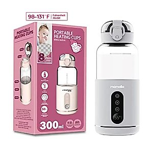 MOMOLIA Portable Water Warmer for Formula, Breastmilk, Precise Temp Control, 10 oz. Rechargeable, Wireless Bottle Warmer for Car, Travel, Outdoor, Battery Powered(White)