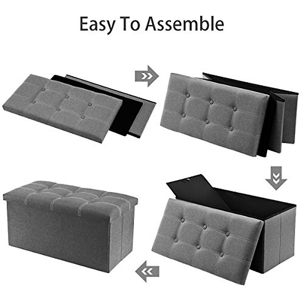 Youdesure Folding Storage Ottoman Bench for Living Room, 30 inch Storage Bench with Padded Seat for Bedroom Hallway, Holds up to 350lbs, Linen Fabric Grey