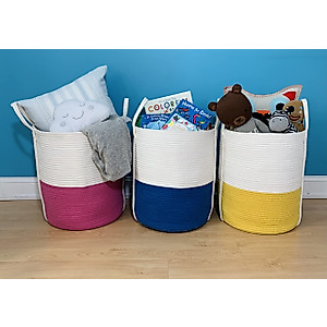 Yellow/White Rope Woven Laundry Basket/Nursery Hamper/Baby Laundry Basket/Toy Storage/Cotton Rope Basket/XXL Large Tall 18"H x 15"W/With Handles Clothes Blankets Kids Pet Organizer Decor Gift