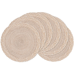 SHACOS Round Placemats Set of 6 Boho Woven Braided Border Table Mats Washable Heat Resistant 15 inch Circle Place Mats for Dining Table, Beige