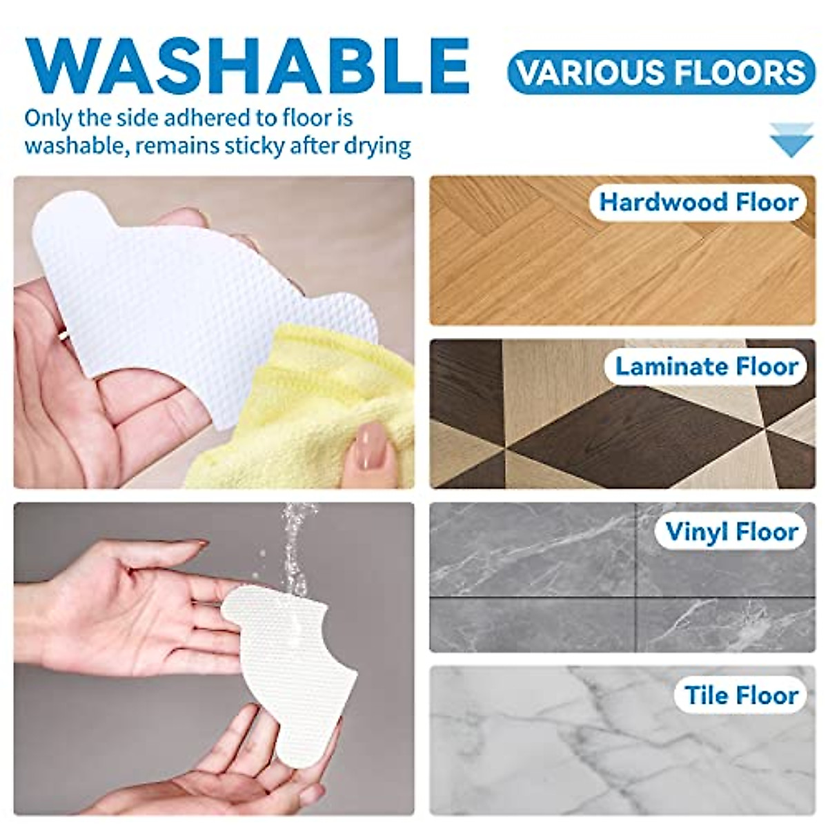 bemece 4PCS Rug Grippers - Enhanced Friction Non Slip Rug Tape, Washable Reusable Rug Pad Gripper, Anti-Curling, Double-Sided Adhesive Rug Pad Grippers for Area Rug Hardwood Tile