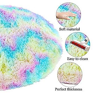 TIMDAM Fuzzy Round Rug for Bedroom, 4 Feet Round Area Rug, Fluffy Circle Carpet for Bedroom, Soft Cute Rainbow Rug for Kids Room, Furry Rugs for Girls Bedroom, Plush Shaggy Rug Home Decor
