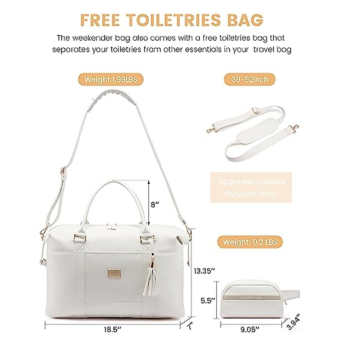 LOVEVOOK Travel Duffle Bag for Women, Leather Carry On Weekender Bag with Toiletry Bag, Cute Overnight Bag Tote Gym Duffel Bag with Wet Pocket for Hospital Yoga Sports Dance White