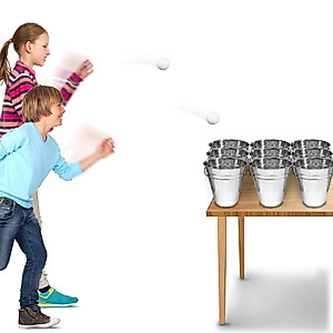 Gamie Bucket Ping Pong Ball Game Includes 9 Metal Buckets, 12 Balls, and 1 Number Sticker Sheet - Fun Party Activity for Kids and Adults, Great Idea for Kids