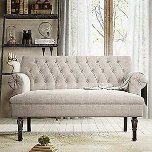 SIYAHOME Sofas & Couches 58" Linen Textured Fabric Chesterfield Settee Button Tufted Scrolled Arm Loveseat High Gourd Wood Leg Studio Bench (Pillows not Included), Light Beige