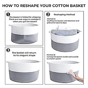 Goodpick Large Basket 23.6"D x 14.2"H Jumbo Woven Basket Cotton Rope Basket Baby Laundry Basket Hamper with Handles for Cushions Blanket and Pillow Stroage in Living Room Toy Bins