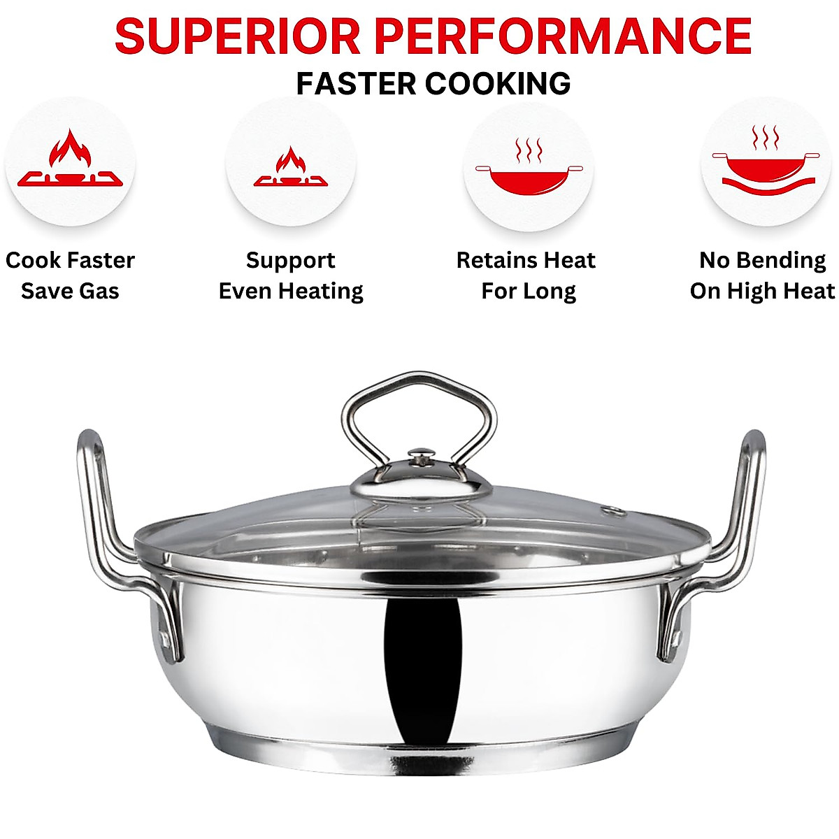Vinod Cookware Induction Friendly Kadai With Lid Silver 3.4 Litres, Stainless Steel, IKD 24