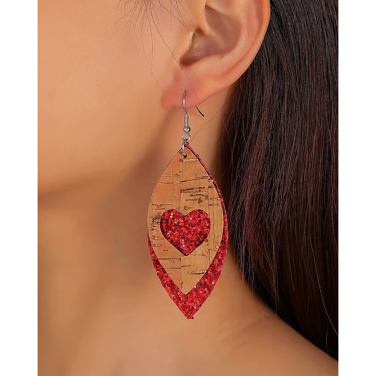 Honsny 20 Pairs Valentine's Day Faux Leather Earrings Set for Women Lightweight Teardrop Dangle Earrings Heart Stiped Water Drop Earrings