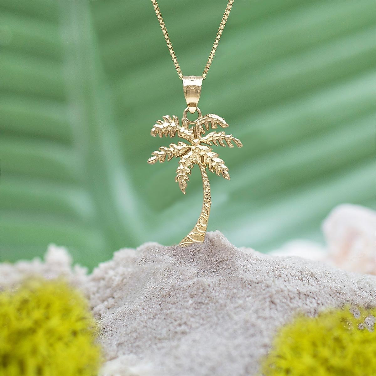 Honolulu Jewelry Company 14K Real Solid Yellow Gold Tropical Palm Tree Beach Necklace Pendant with 18" Box Chain