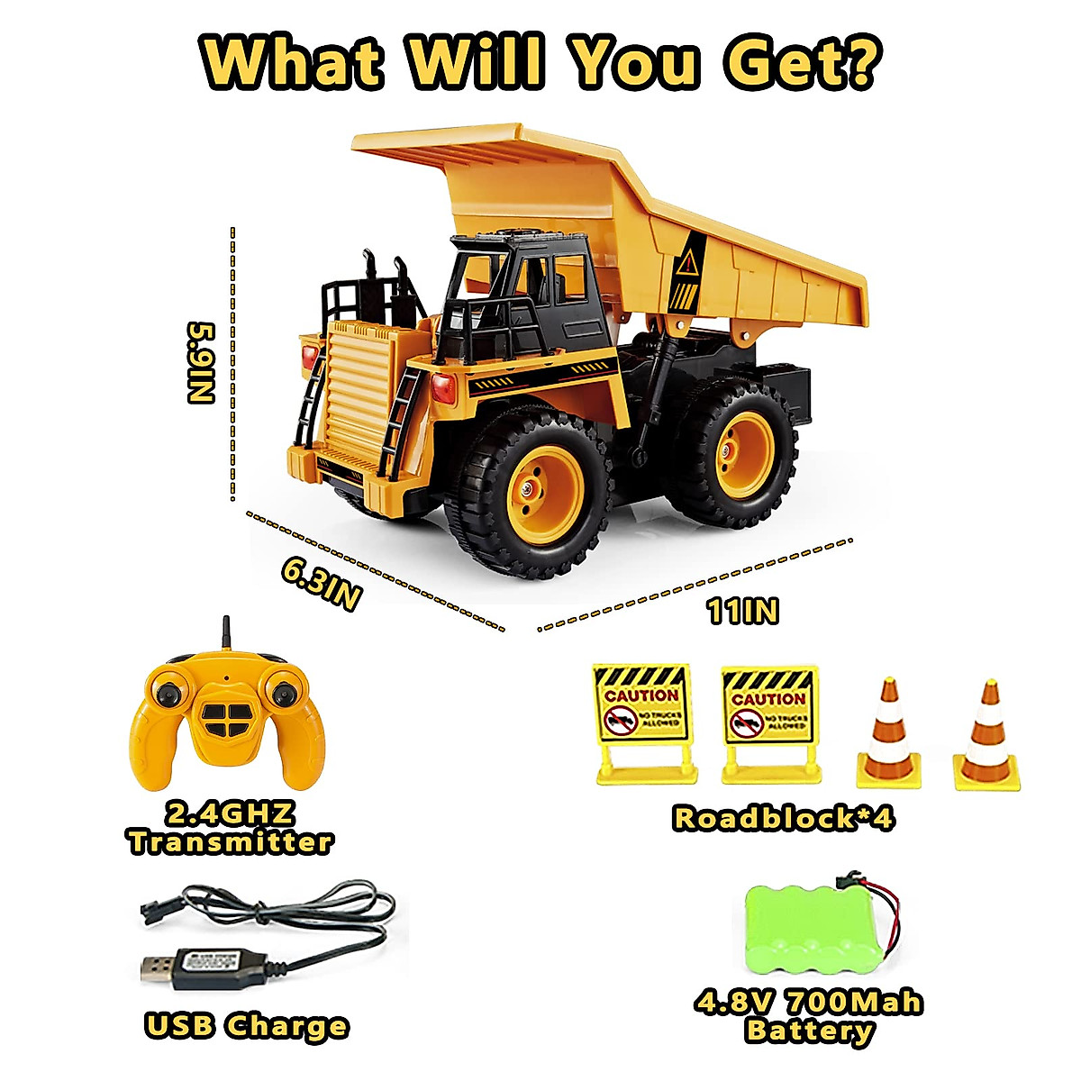 HYG Toys RC Dump Truck 1：22 Scale Remote Control Construction Vehicle Toys for 4 5 6 7 8-Year-Old Kids Toddlers Boys Girls, 4 Wheel Driver Truck Toys with Rechargeable Battery