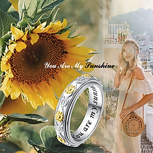 Ladytree Anxiety Spinner Rings Sunflower You Are My Sunshine Fidget Ring Sterling Silver ADHD Stress Relieving Engagement Wedding Promise Band Mothers Day for Mom Daughter Size 8