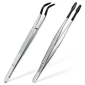 2 Pieces Tweezers with Rubber Tips Set PVC Rubber Coated Tips Bent and Straight Flat Tip Tweezers Stamp Coins Jewelry Hobby Crafts Industrial Electronic Tweezers Tools (Silver, Black)