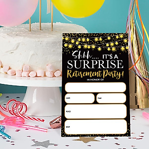 UDNADKEX Retirement Party Invitations for Women Men with Envelopes, Invites for Retired Surprise Party Black Gold, String Lights Glitter Elegant, 4"x6" Set of 20