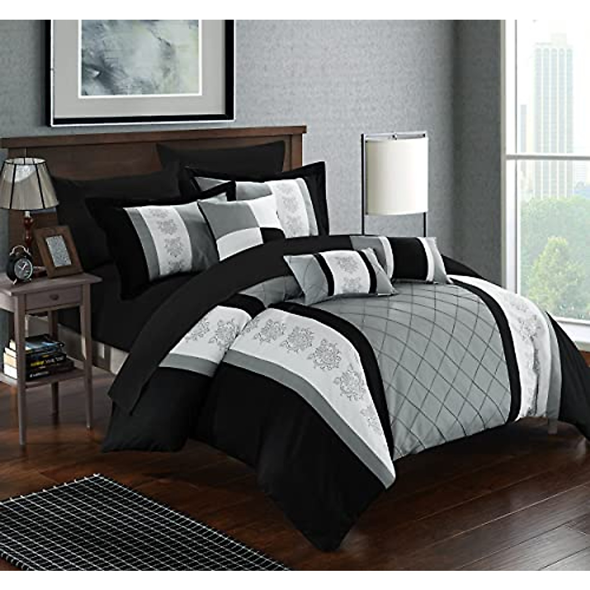 Chic Home CS1644-AN Clayton 10 Comforter Pin Tuck Pieced Block Embroidery Bed in A Bag with Sheet Set Black, Queen, Grey