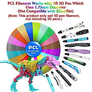 3D Printing Pen PCL Filament Refills 1.75mm, Pack of 20 Colors, Low Melting Temp of 70℃, High-Precision Diameter, Non-Toxic Non-Clogging(200 FT)（not Included 3D Pen）