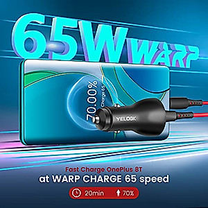 VELOGK 65W Warp Car Charger [10V/6.5A] for OnePlus 8T/9R/9/9 Pro/8 Pro/8/7 Pro/7T/7T Pro/6T/5T/Nord N10 5G, Warp Charge 65 Car Charger Adapter with USB A-to-C Warp Charging Cable (1M/3.3ft)