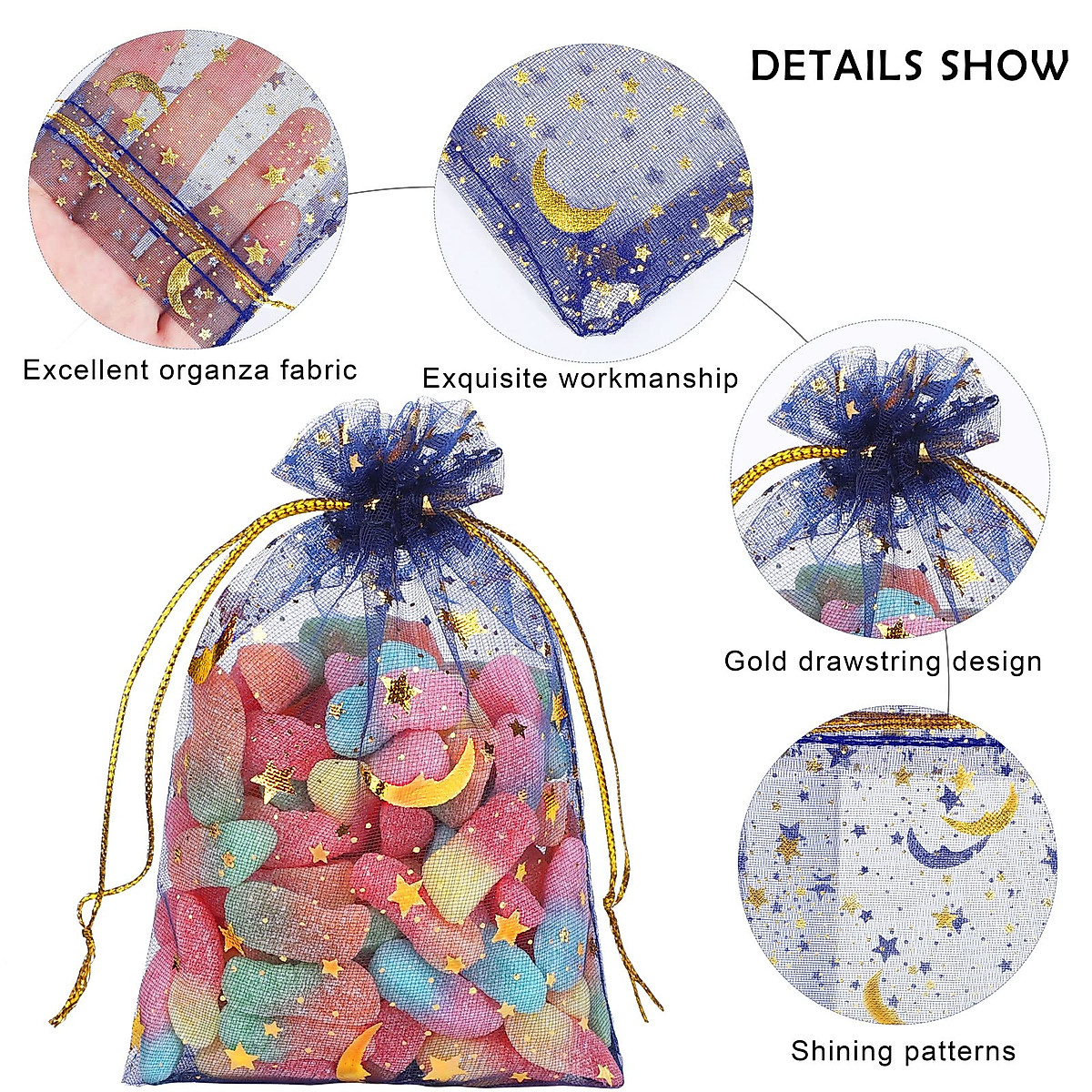 MIMIND 200 Pieces Organza Gift Bags Moon Stars Drawstring Bags Party Favor Jewelry Makeup Bags Candy Chocolate Bags for Wedding, Birthday Party Supplies (3.5 x 4.7 Inches, Navy)