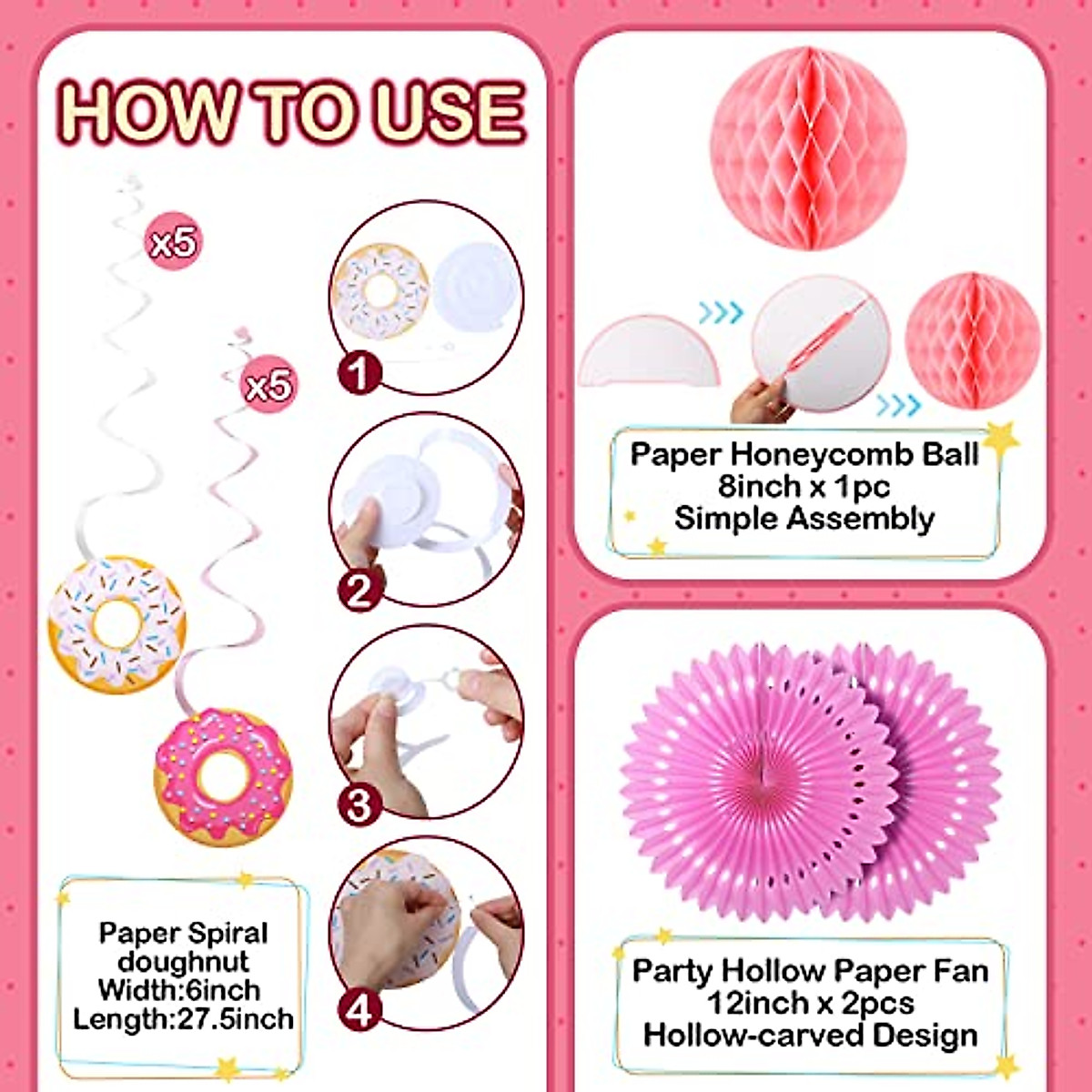 19 Pcs Donut Birthday Party Decorations, 6 Pcs Donut Lanterns Sprinkle Hanging Paper Lanterns, Honeycomb Ball, 2 Pcs Party Paper Fans, 10 Pcs Donut Hanging Swirl for Baby Shower Ice Cream Party (Pink)