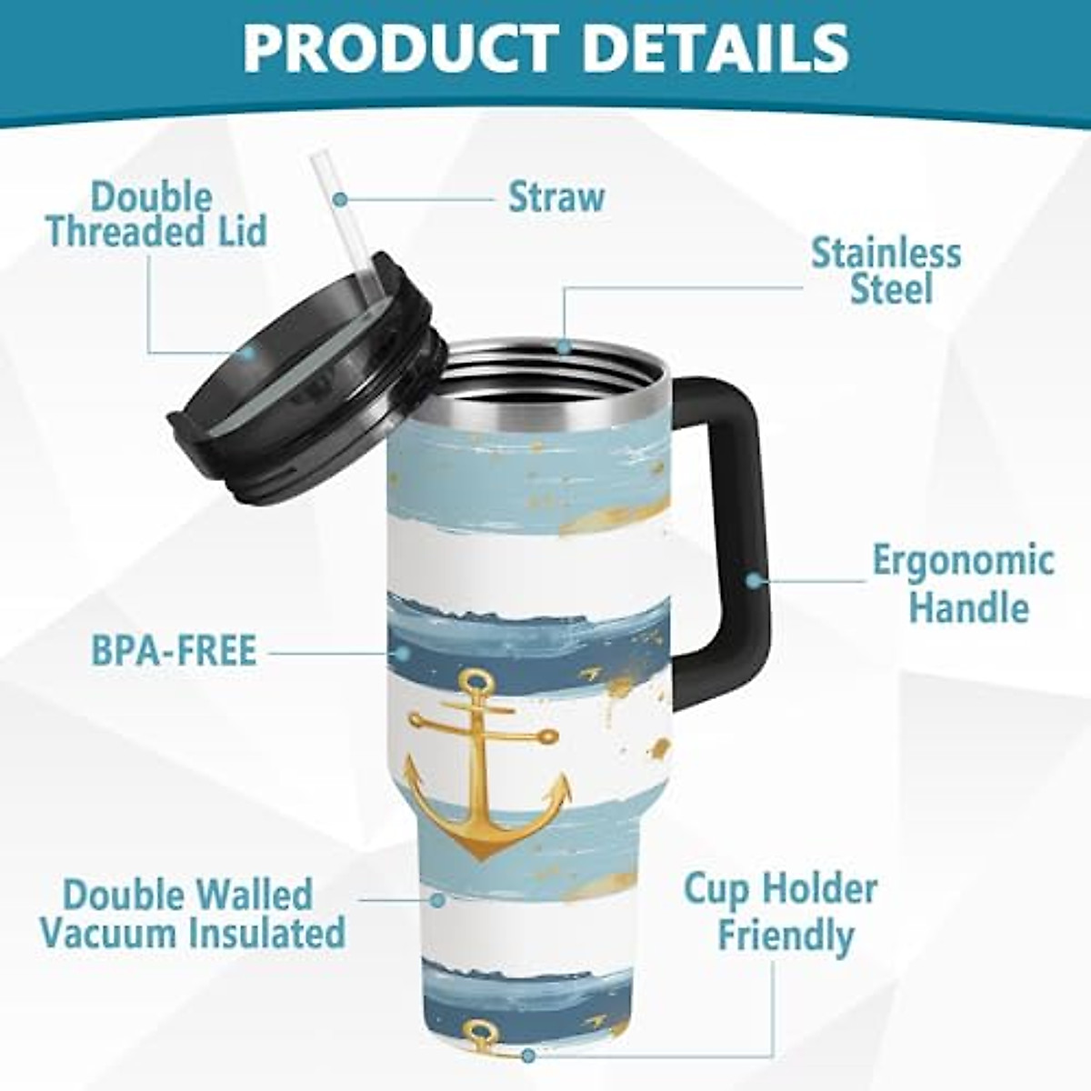 FRCSDIY Cartoon Ship Anchor Insulated Tumbler with Handle and Straw Lid,30oz Leakproof Stainless Steel Cup BPA-Free Water Bottle