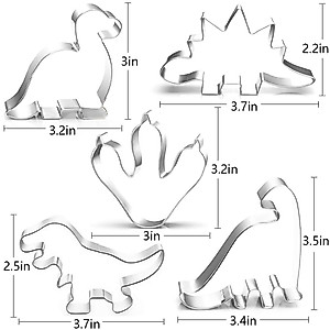 Kanntie 5-Piece Dinosaur Cookie Cutter Set with T-Rex, Baby dinosaur, Stegosaurus, Camarasaurus and Dinosaur Footprint
