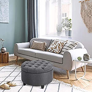 HOMCOM Round Linen-Touch Fabric Storage Footstool Ottoman Button Tufted Footrest with Removable Lid, Grey