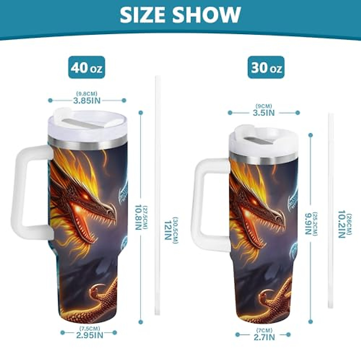 ODAWA Double Insulated Tumbler Large with Handle and Straw Lid, Fiery Dragon Icy Dragon Fall Insulated Tumbler