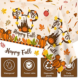 Happy Fall Mouse Tablecloths, Cute Fall Decorations for Home Fall Harvest Party Decor, 3pcs Plastic Mouse Pumpkin Table Covers, Waterproof Maple Leaf Dinner Table Cloth for Thanksgiving Party 108*54"