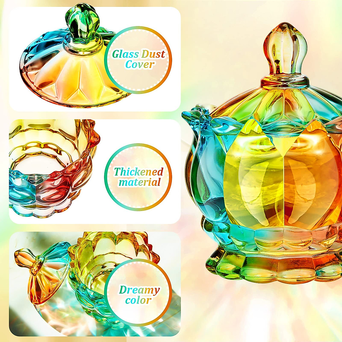 Roshtia 2 Pcs Embossed Candy Jars with Lids Colorful Glass Storage Jar Crystal Jewelry Containers for Wedding Cookies Chocolate Candies, Random Styles