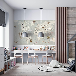 Kids Wallpaper World Map with Animals Wall Mural Removable Peel and Stick Wall Murals for Girls Boys Kids Waterproof Wallpaper Room Bedroom Living Room Self Adhesive Mural Wallpaper Size 78.74x47.24in