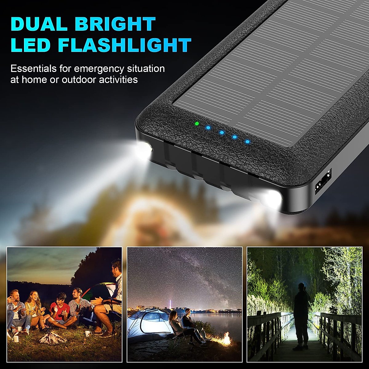 Portable Charger with Built-in Cables 30000mAh Solar Power Bank Fast Charge Battery Pack with 4 Outputs 3 Inputs,LED Flashlights,Solar Phone Charger for Smart Phones,Tablets and Camping