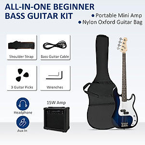 Electric Bass Guitar 4 Strings, 46 Inch Full Size Beginner Kit with 15W Amp, Gig Bag, Strap, 3 Picks for Beginner Adults Teens, Right Handed
