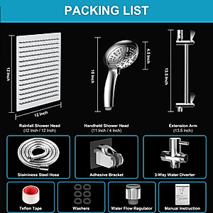 Shower Head, High Pressure Rainfall Shower Head with 11" Adjustable Extension Arm and 9 Settings Handheld Showerhead Combo with Holder, Retractable 59" Hose, Flow Regulator, Chrome (12 Inch1, Chrome)