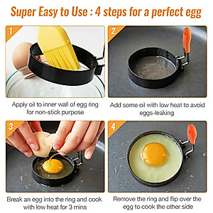 Egg Rings Combo Set 3 Packs in 3 Sises for Frying，Round Egg Rings Mold with Fold-up Stainless Steel Handle and an Oil Brush，Nonstick Leak-Proof and Anti-Scald for Frying Eggs.（3+3.6+4 inch）
