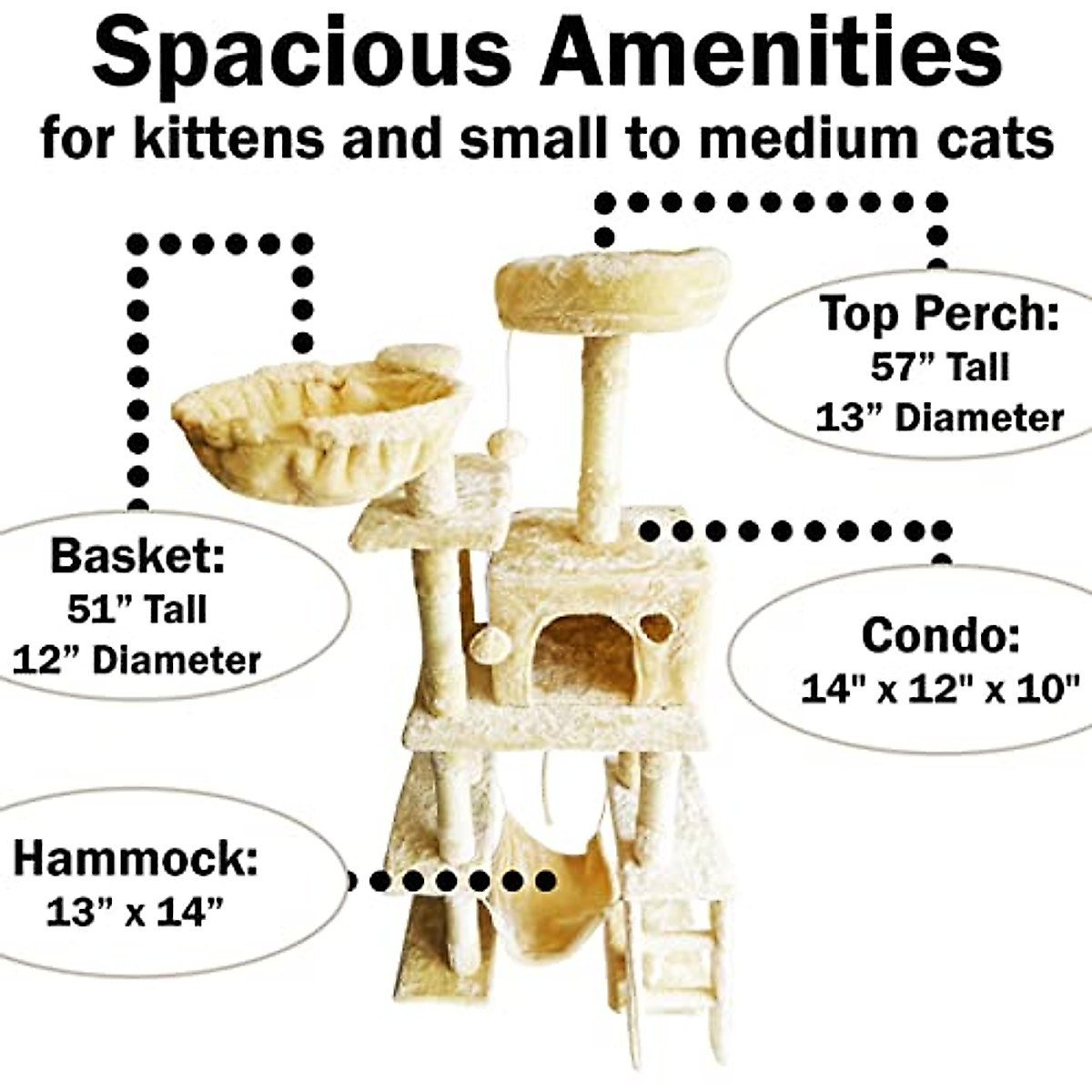 Beige Cat Tree Tower for Indoor Cats & Kittens, 57" Tall Multi-Level with Comfy Perch & Basket, Hideaway Condo, Sisel Scratcher Posts & Ladder, Ball Toys, & Dangling Rope - by SciencePurchase