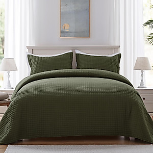 SunStyle Home Olive Green Quilt, Queen Size Quilt Set Lightweight Bedspread Full Soft Reversible Coverlet for All Season 3pcs Army Green Square Quilted Bedding Sets (1 Quilt 2 Pillow Shams)(90"x96")