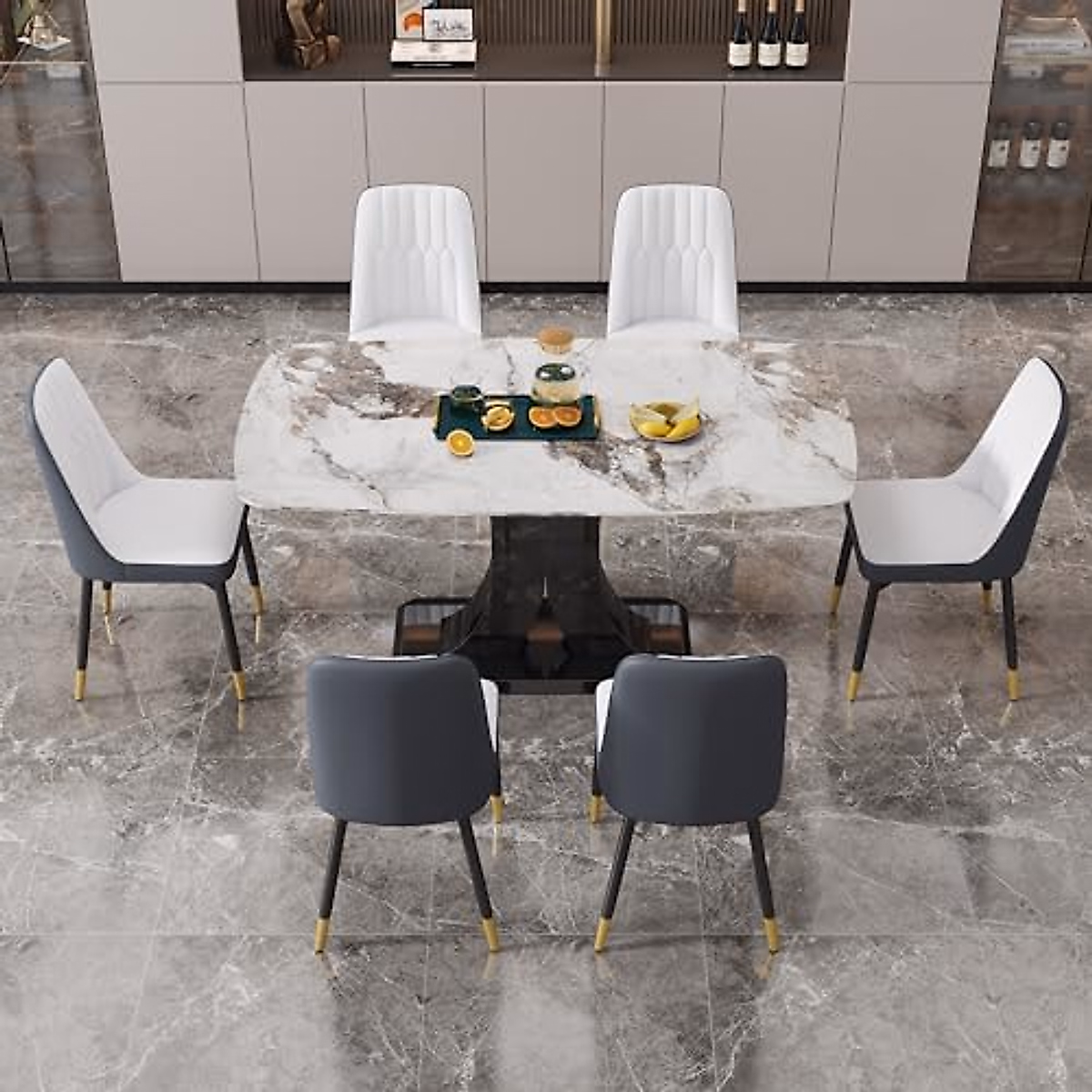 Henf 7-Piece Dining Set Modern Table and Chair Set for 6, Faux Marble Top Dining Table with 6pcs White&Gray Dining Chairs, 63'' White Dining Room Table with MDF Base, Kitchen Table Set for 6