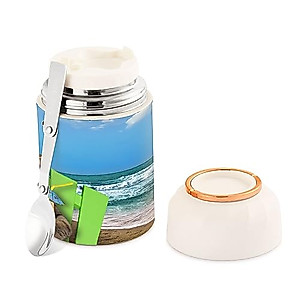 CUPADA Beach Cat Unicorn Food Jar, Tropical Palm Tree Insulated Hot Food Jars Vacuum 17OZ with Folding Spoon for Work Trip Picnic Camping