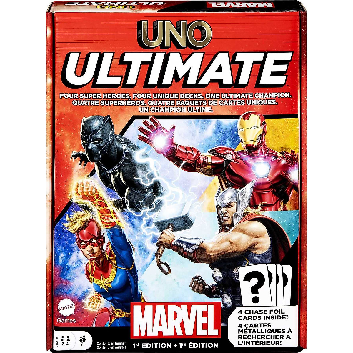 Mattel Games UNO Ultimate Marvel Card Game with 4 Collectible Foil Cards, Character-Themed Decks & Special Rules for Ages 7 Years & Older