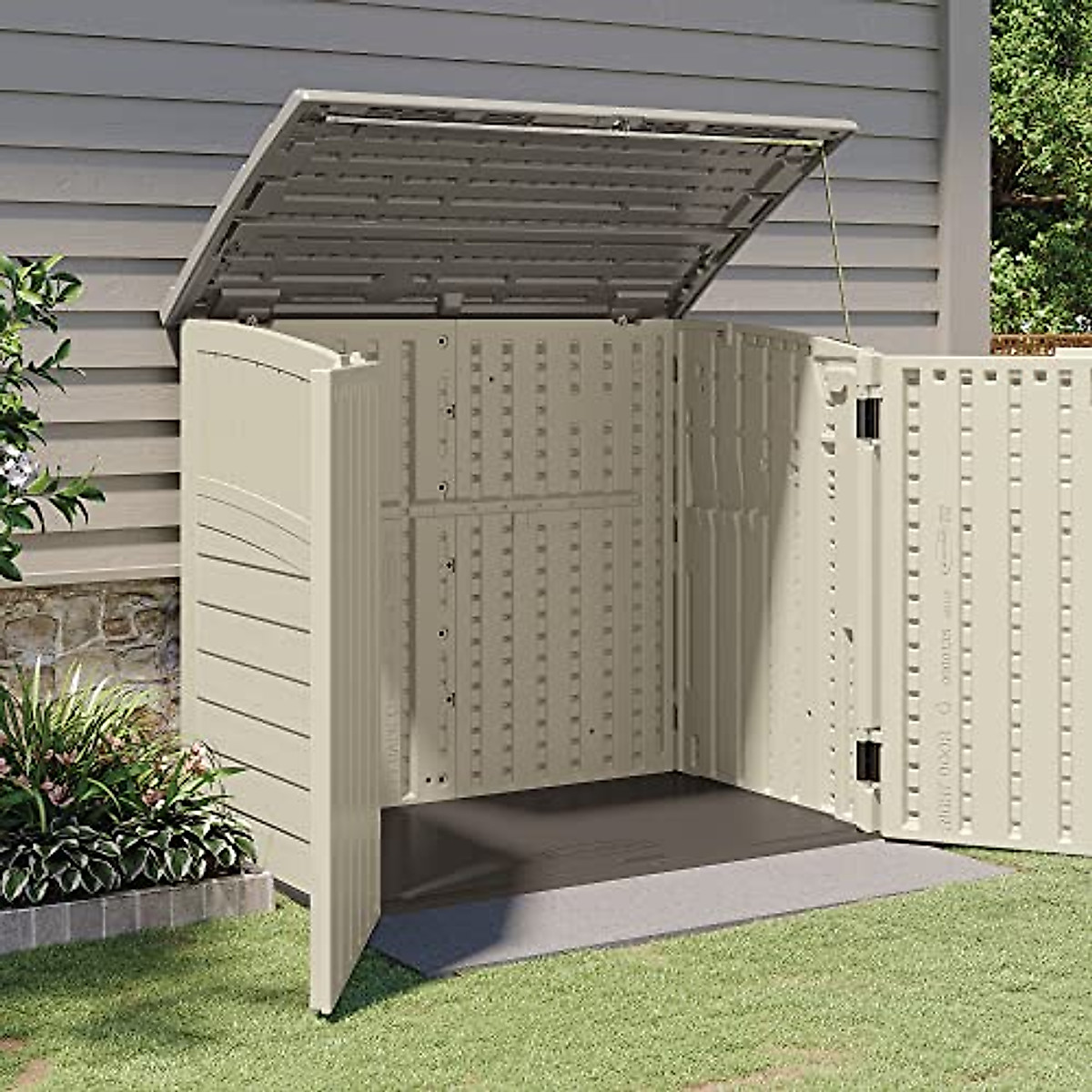 Suncast Horizontal Outdoor Storage Shed for Backyards and Patios 34 Cubic Feet Capacity for Garbage Cans, Tools and Garden Accessories, No Size, Vanilla