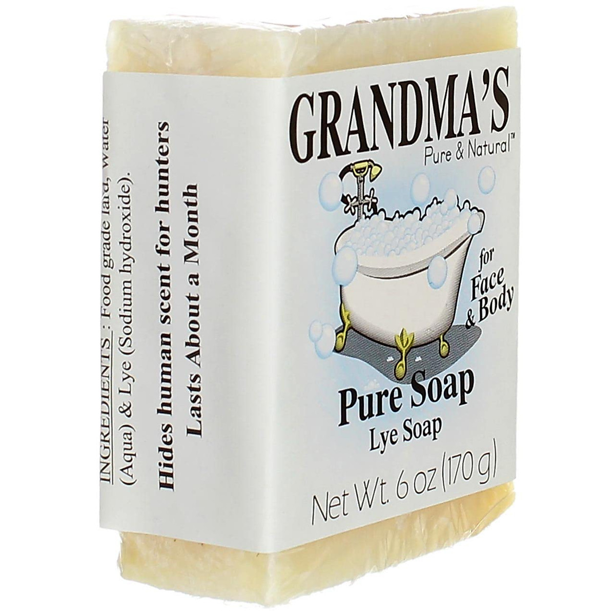 Grandma's Pure Lye Soap Bar - 6.0 oz Unscented Face & Body Wash Cleans with No Detergens, Dyes & Fragrances - 60018, pack-of-6